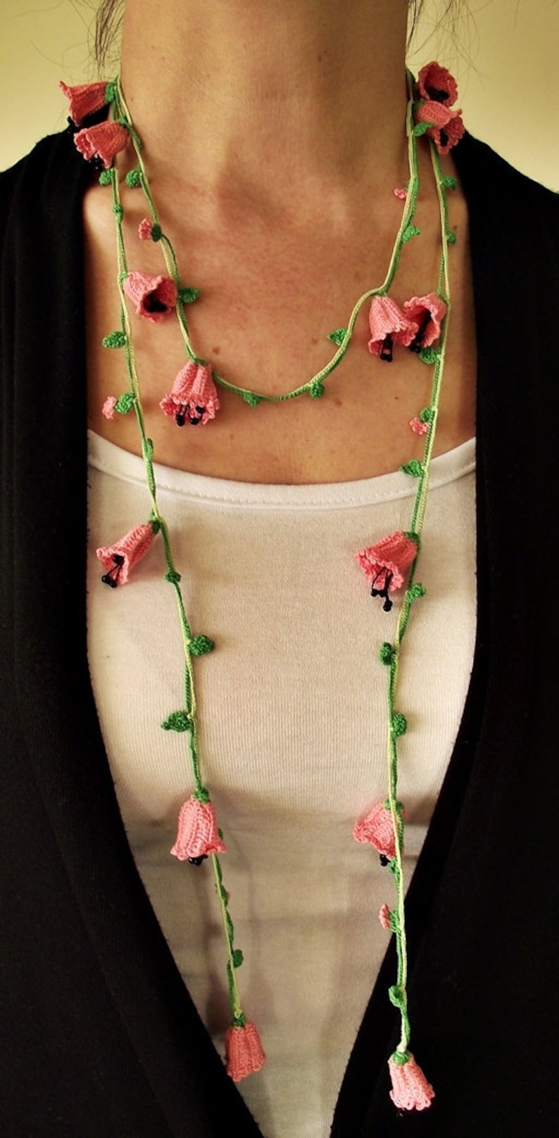 Long Dangle Necklace Pink Bell Flowers Lariat Christmas - Etsy