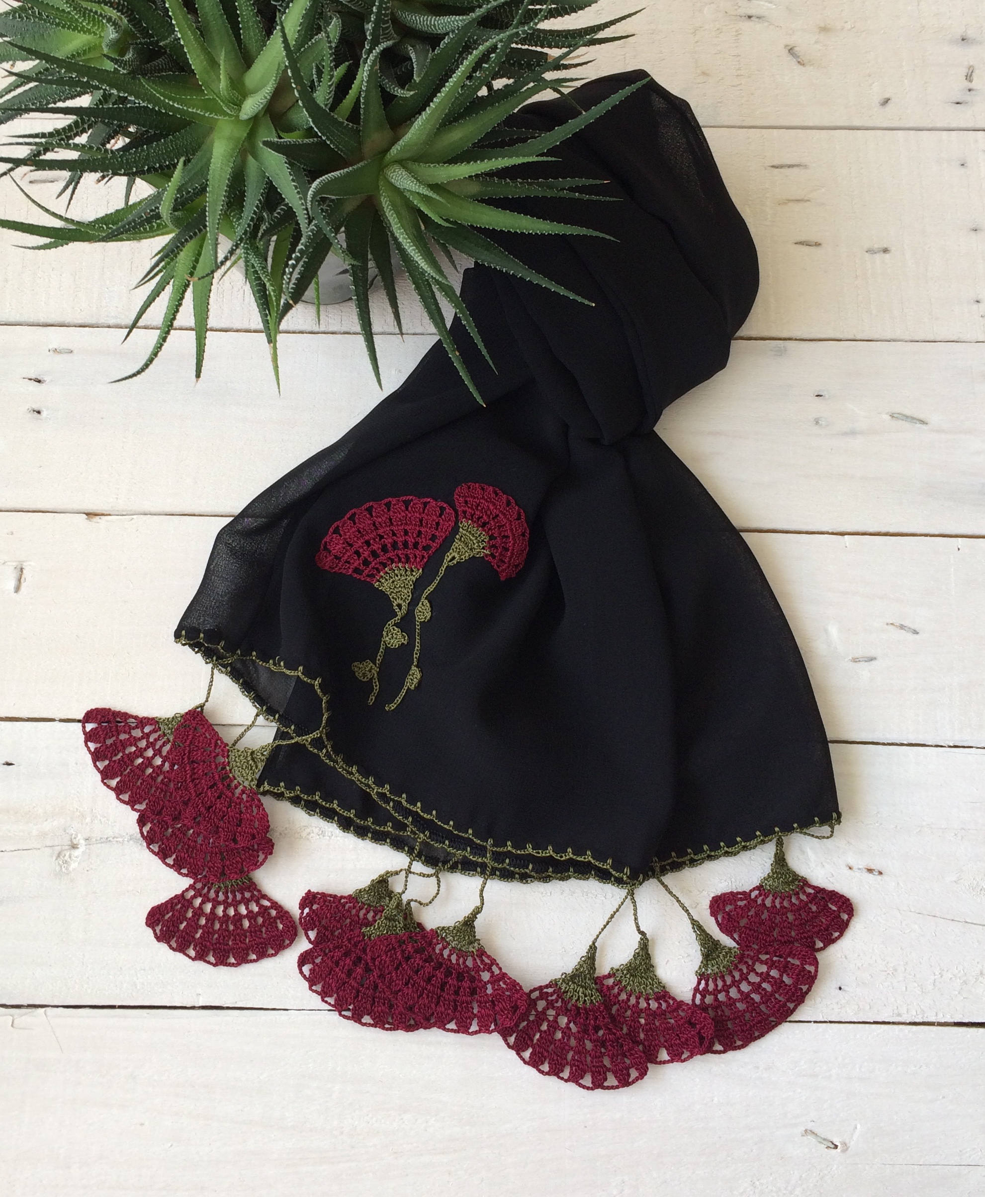 Oya Crochet Scarf Turkish Jewelry Scarf Fringed Black Scarf | Etsy