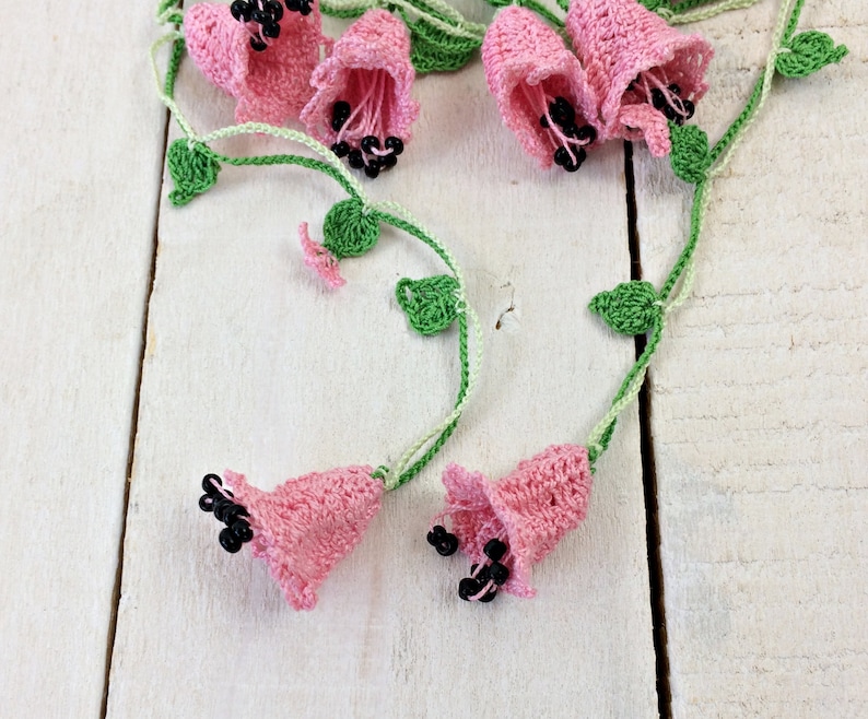 Long Dangle Necklace Pink Bell Flowers Lariat Christmas | Etsy