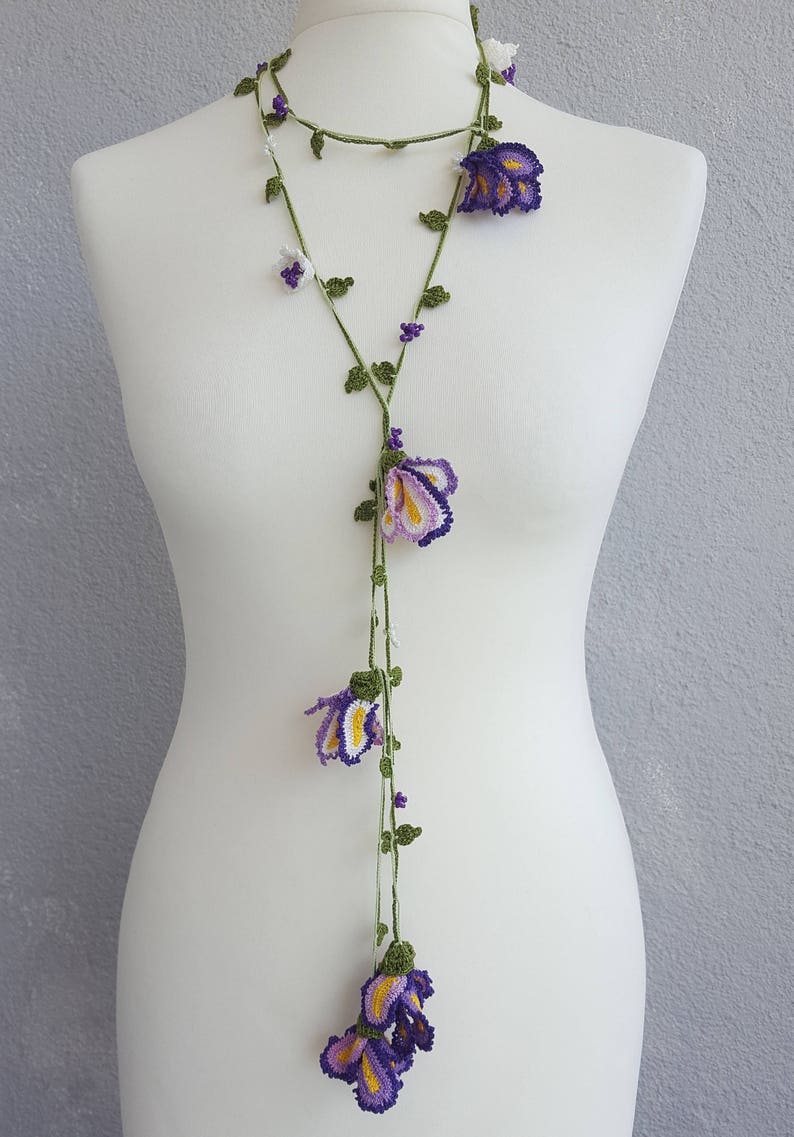 Purple Iris Crochet Necklace, Boho Beaded Lariat, Oya Wrap - Etsy