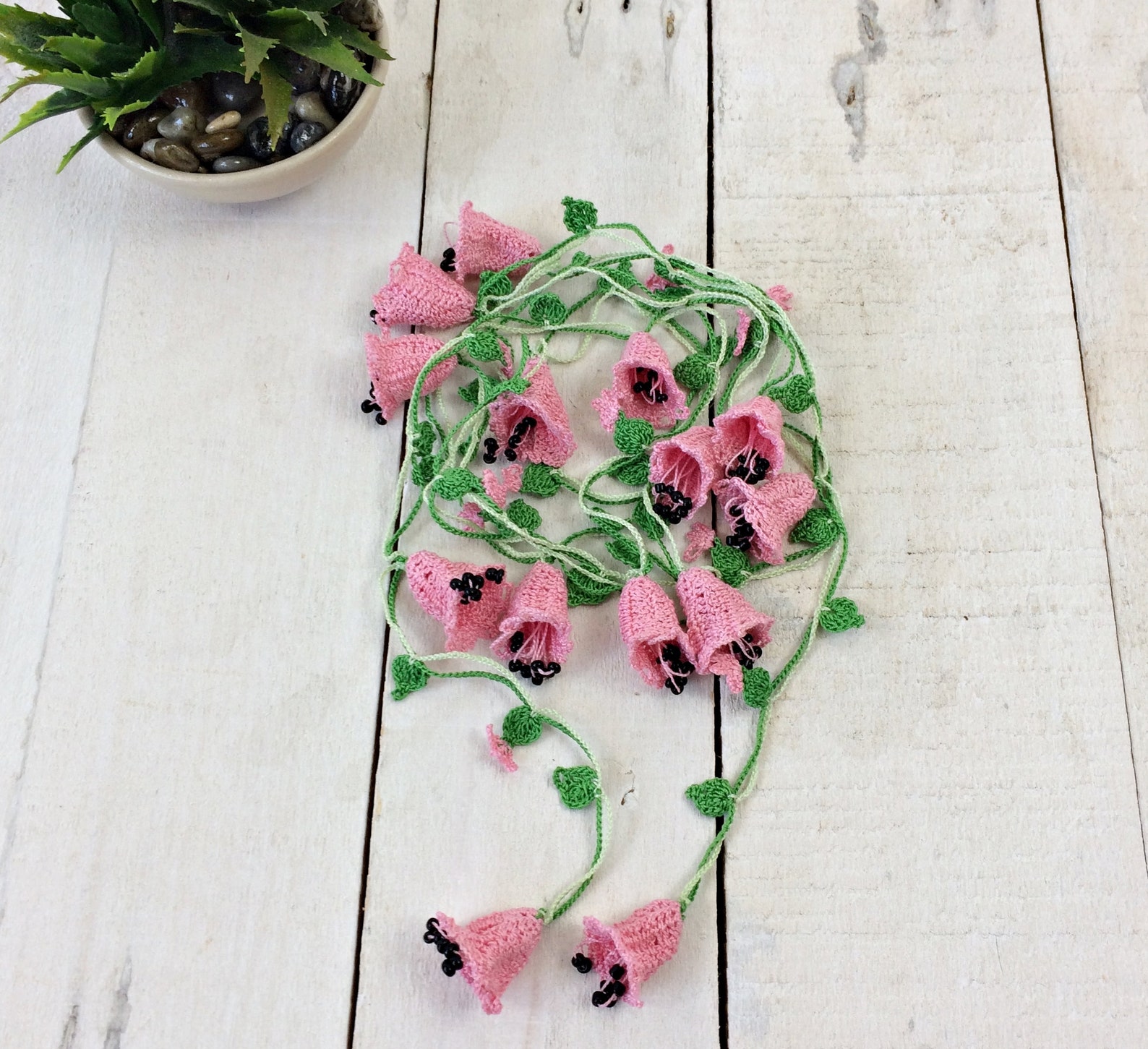 Long Dangle Necklace Pink Bell Flowers Lariat Christmas | Etsy