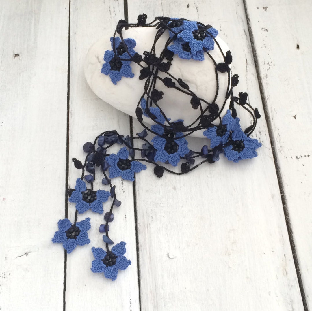 Celestial Blue Star Crochet Lariat, Boho Beaded Necklace, Crochet ...