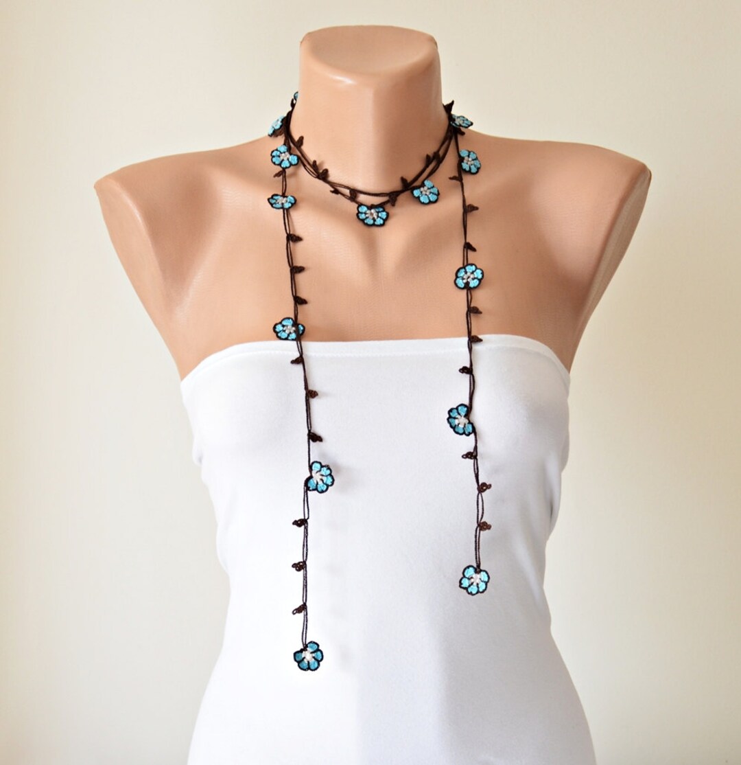 Turquoise Wrap Necklace, Oya Beaded Lariat, Crochet Wrap Necklace ...