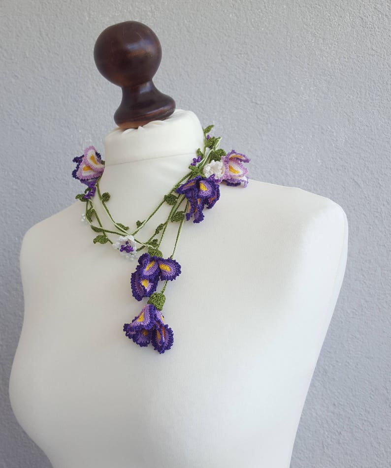 Purple Iris Crochet Necklace, Boho Beaded Lariat, Oya Wrap - Etsy