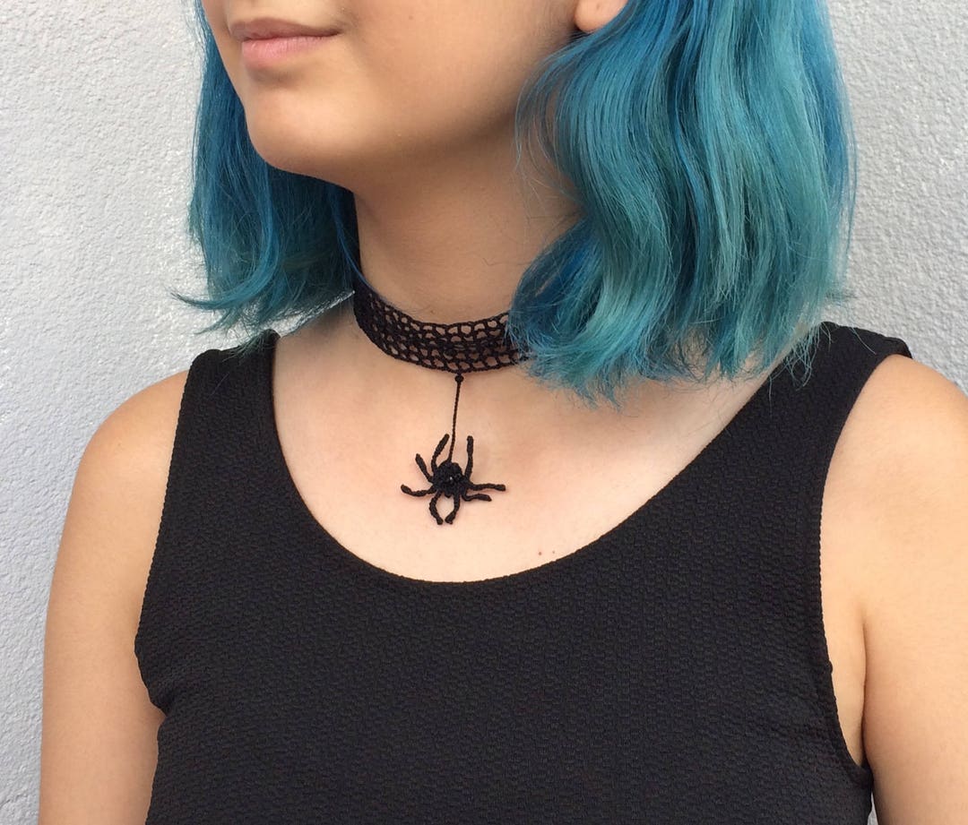Spider Crochet Choker, Steampunk Jewelry, Beaded Black Lace Necklace ...