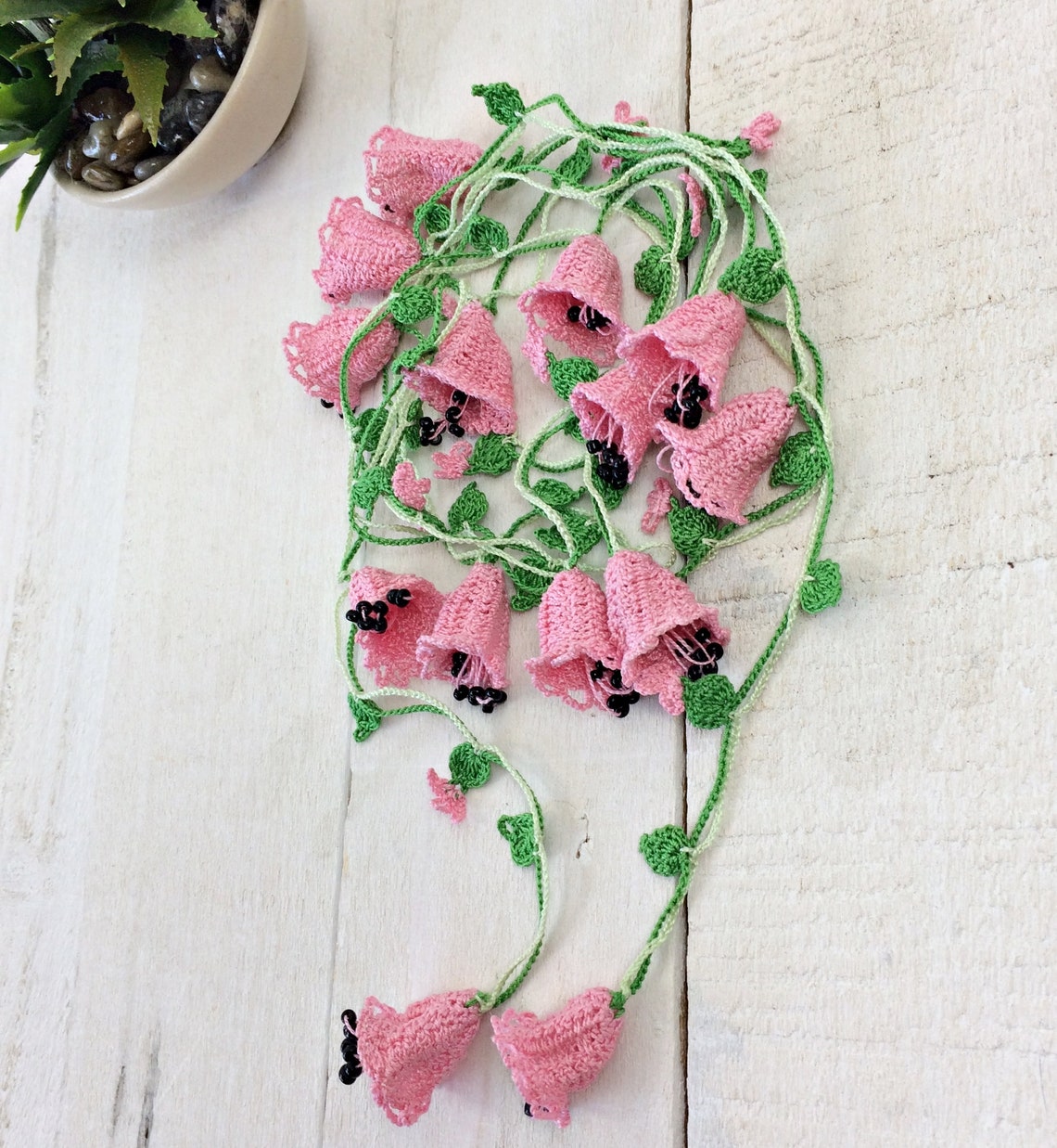 Long Dangle Necklace Pink Bell Flowers Lariat Christmas | Etsy