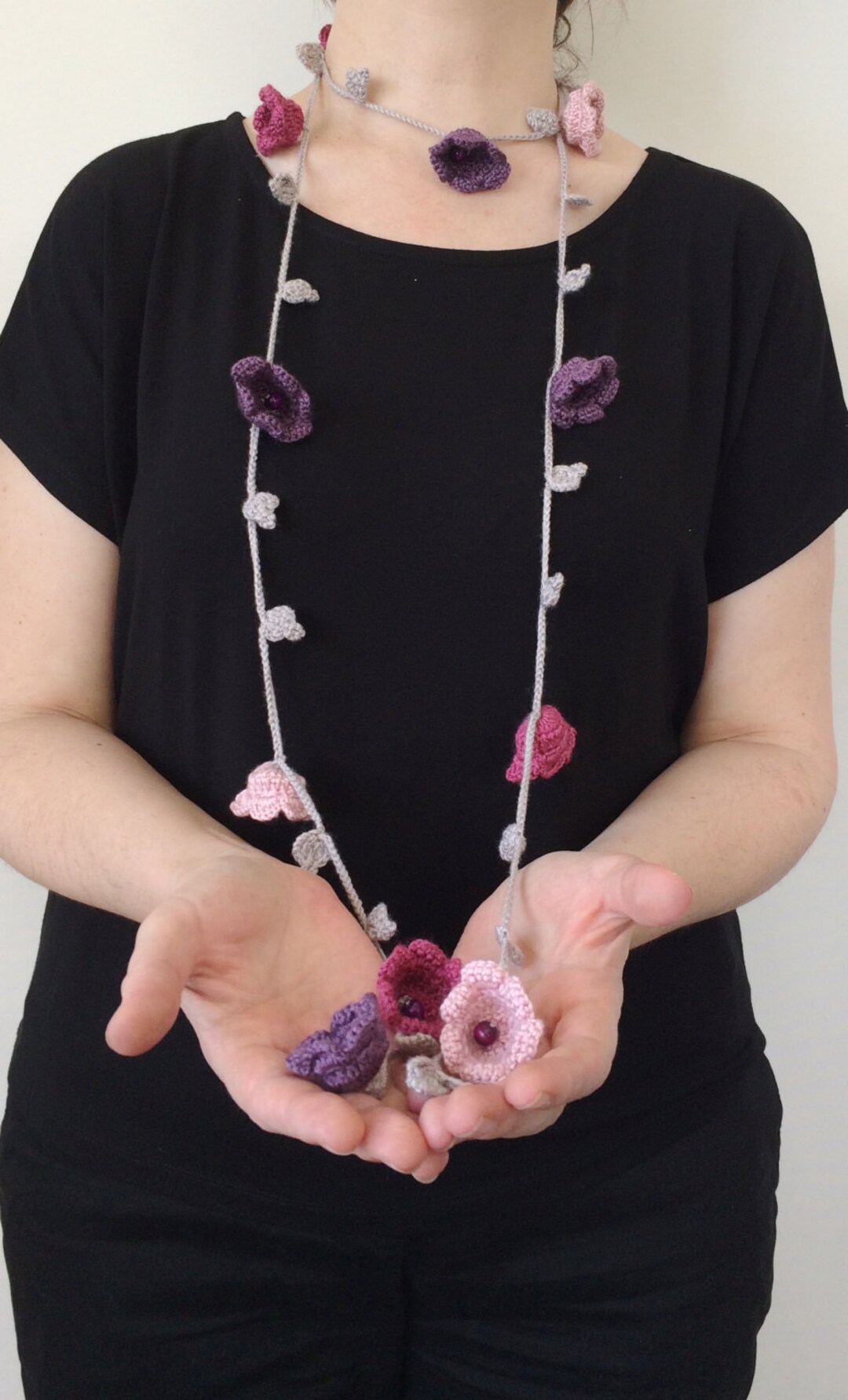 Flower Garland Scarf, Crochet Necklace, Boho Skinny Scarf, Oya Beaded ...