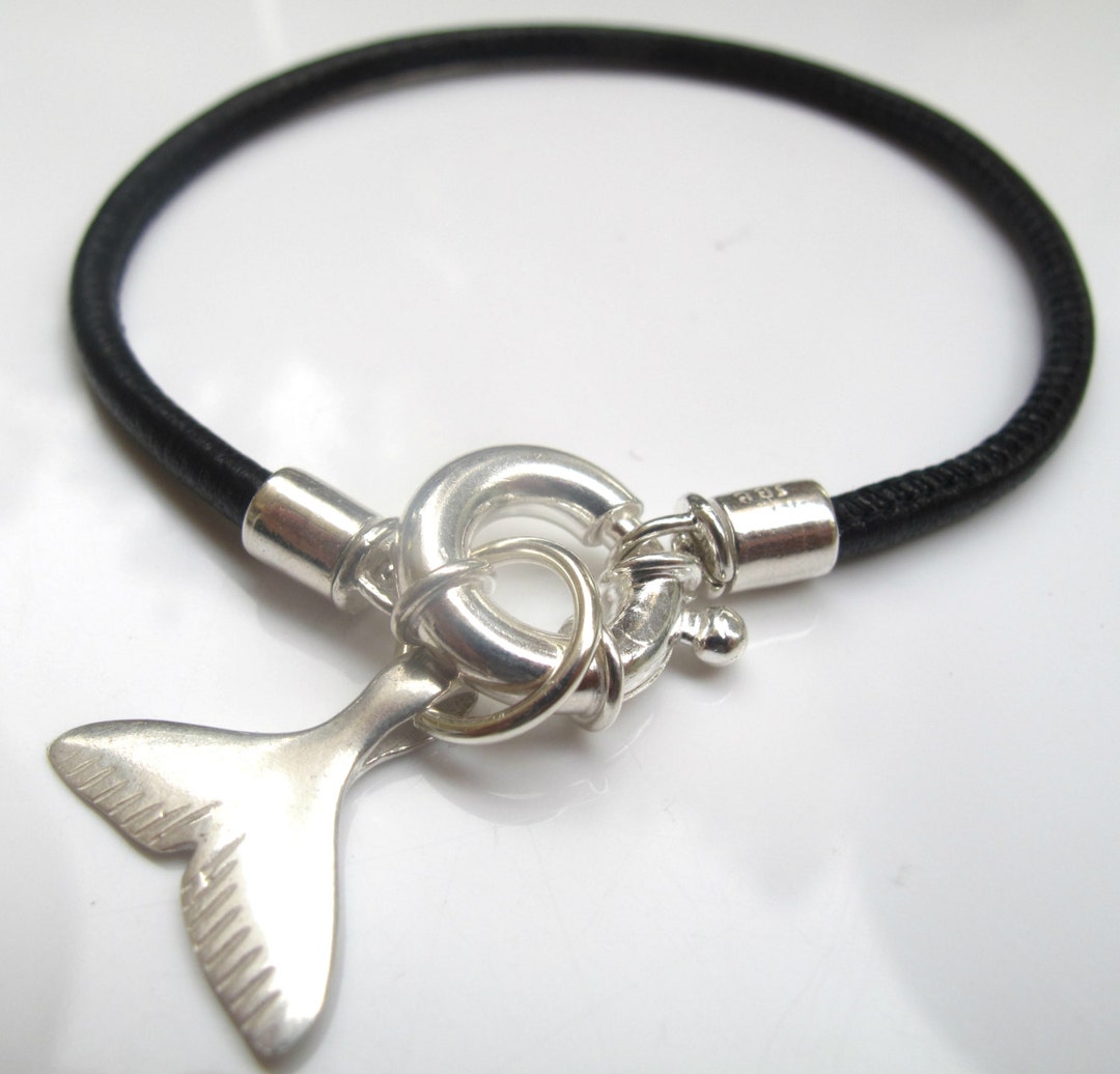 Sterling Silver Italian Leather Life Saver Whale Tail Charm Bracelet ...