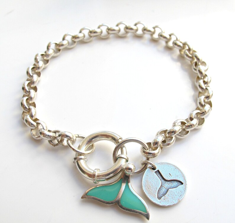 Silver Nautical Charms Bracelet Solid Link Life Saver Clasp Whale Tail ...