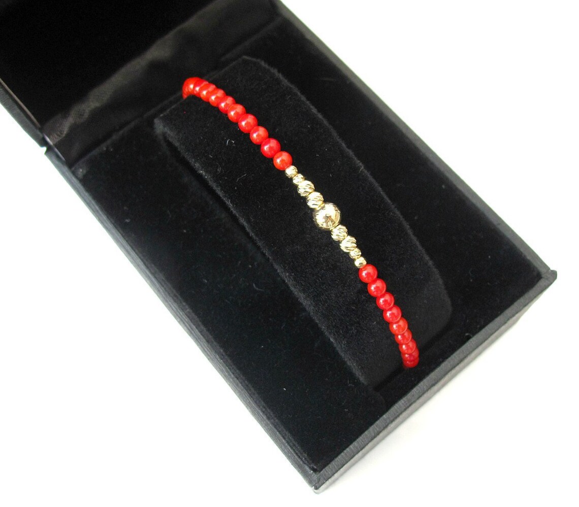 14 K Solid Gold Diamond Cut Bead Red Coral Gem Natural Bracelet - Etsy