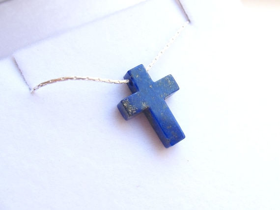 Lapis Lazuli Cross Pendant Necklace Natural Gemstone Blue Etsy