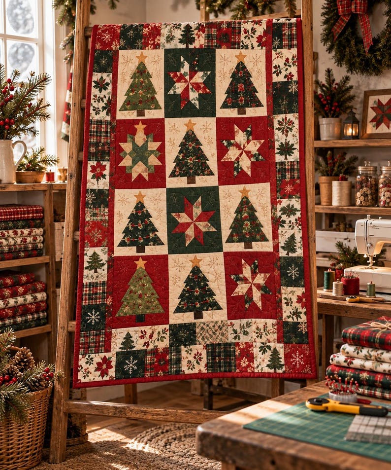 Christmas Tree & Star Quilt Pattern PDF | Patchwork Christmas Throw ...