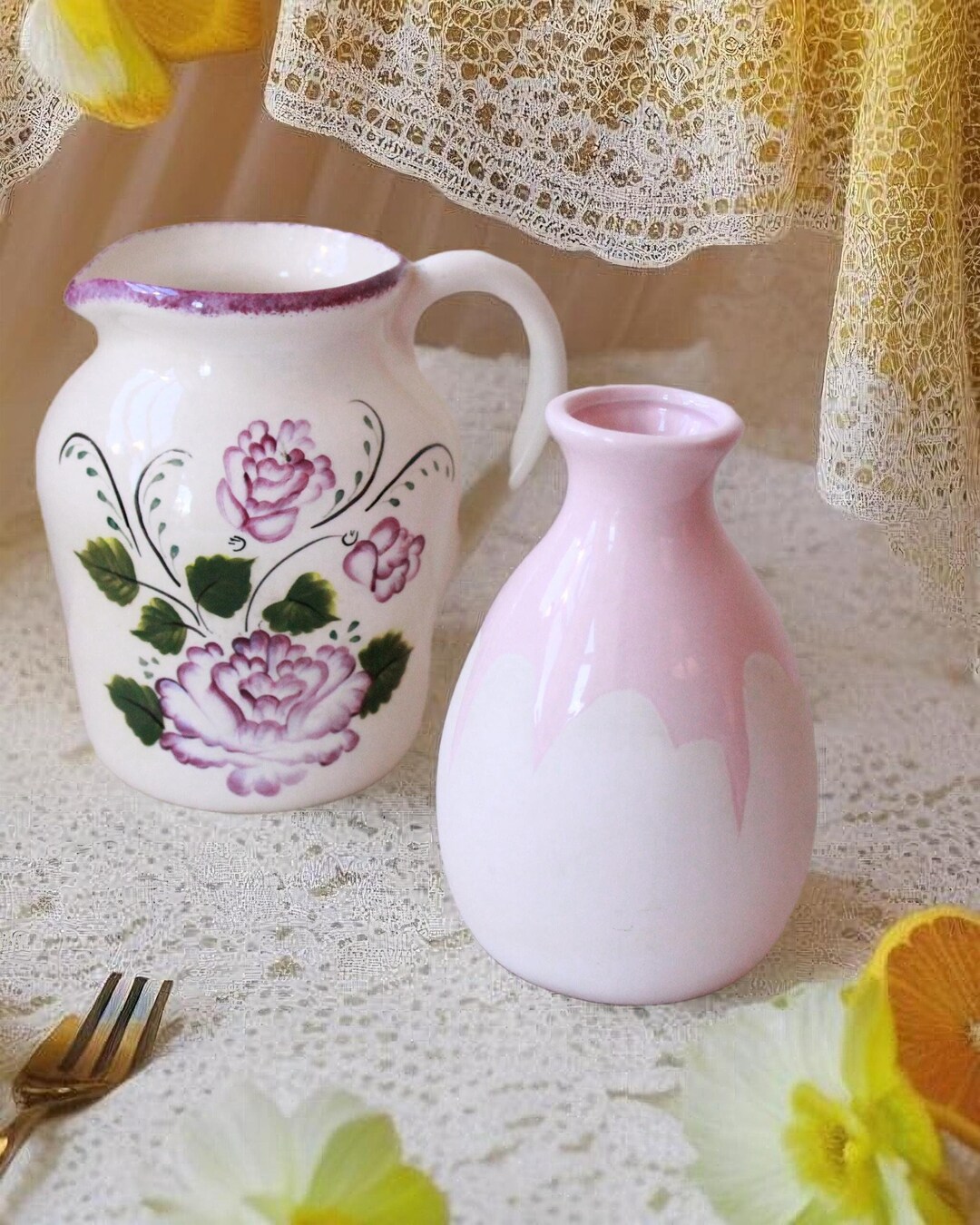 Set of 2 Pink Flower Vases Set - Vintage, Country Charm, Cottage Decor ...