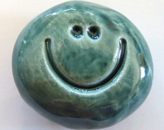 SMILEY FACE Pocket Stone Ceramic AQUA Art Glaze Inspirational Art Piece ...