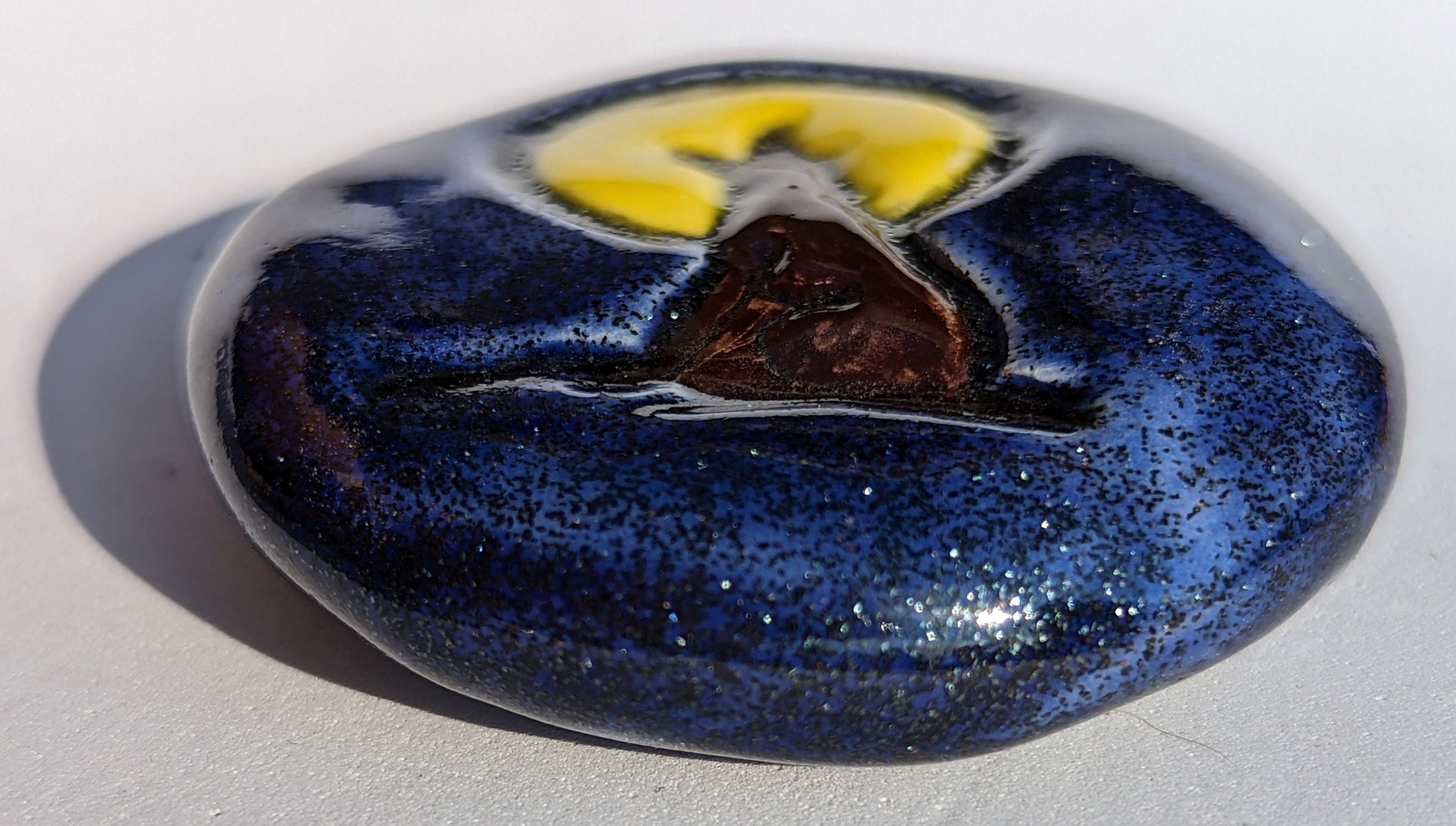 WOLF HOWLING MOON Pocket Stone - Sapphire Shimmer Art Glaze ...