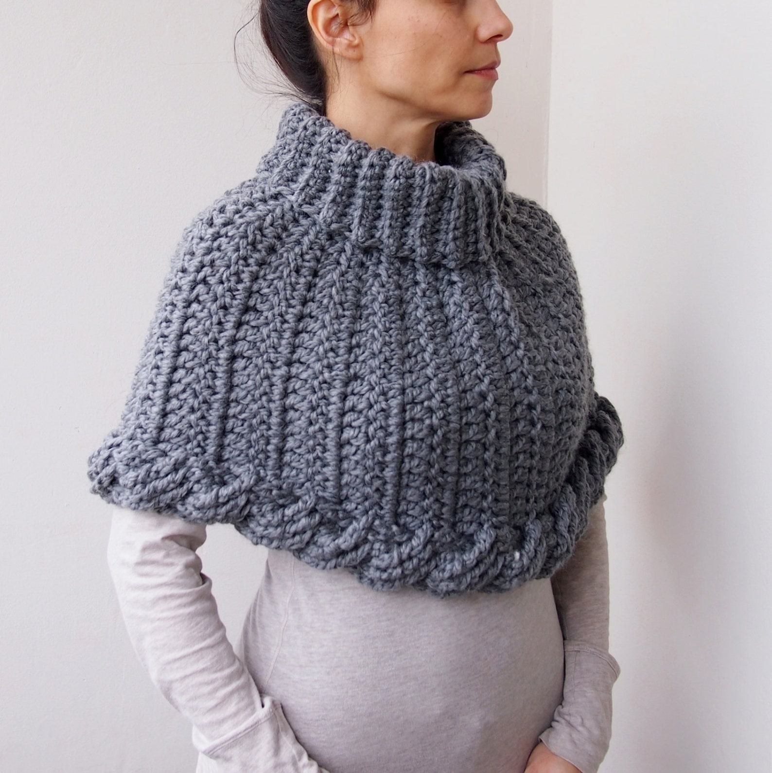 Crochet PATTERN Cable Capelet Poncho, Knit Look Chunky Cowl, Neckwarmer ...