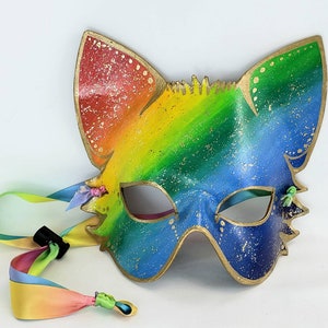 Rainbow Cat Mask Half face feline Larp Costume Garb | Etsy