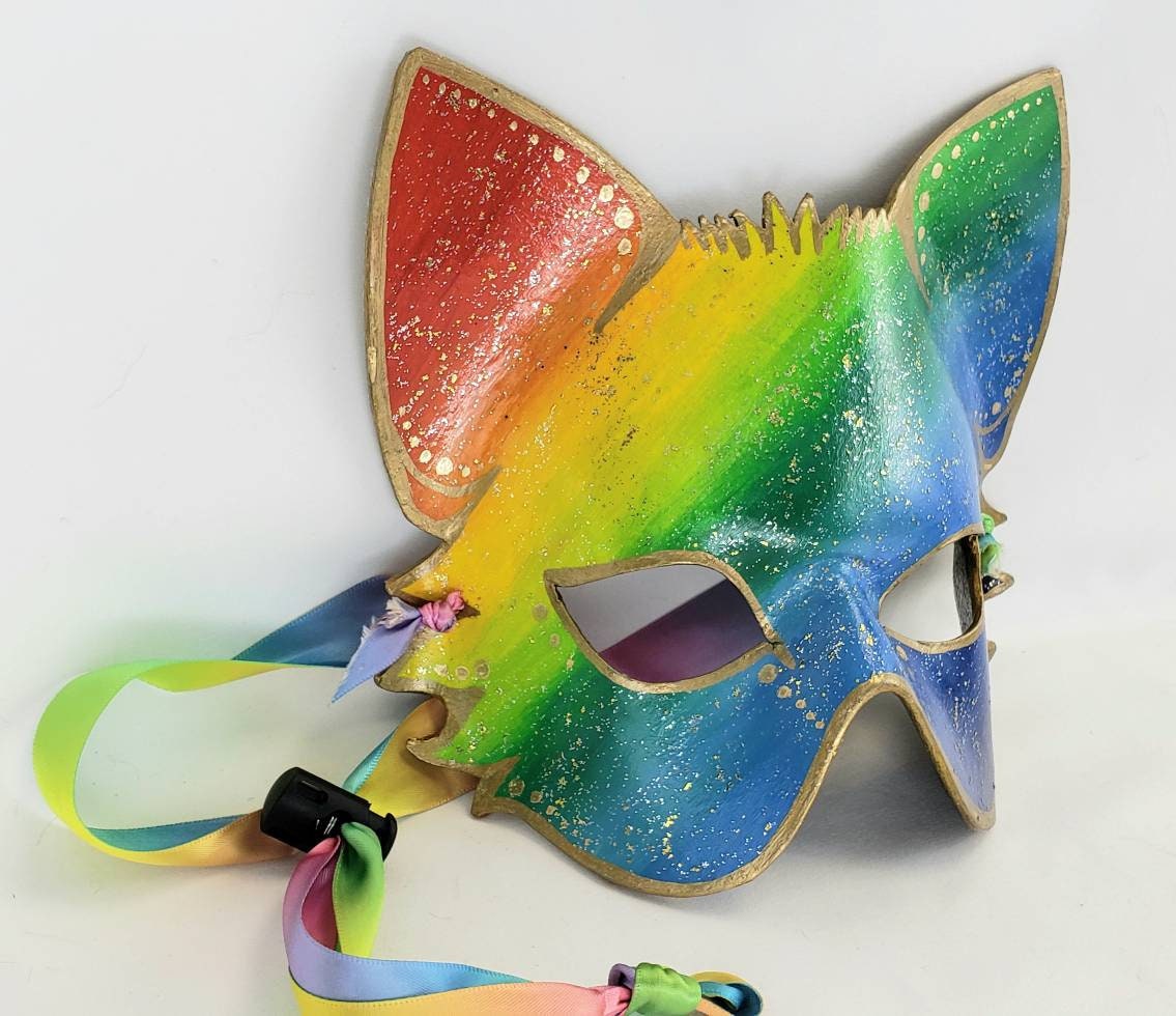 Rainbow Cat Mask Half face feline Larp Costume Garb | Etsy