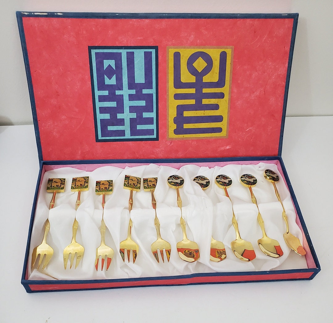 Lot of 10 Korean Folk Metal Arts Decorative 24K Gold Plated Spoons ...