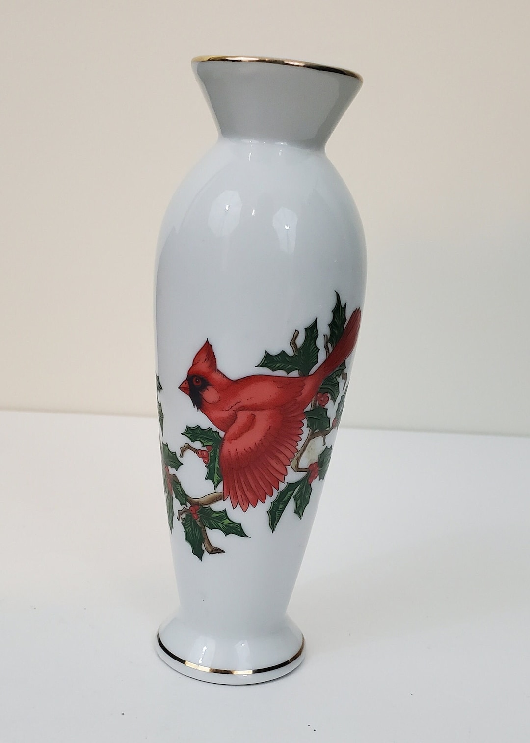 Christmas Cardinal Vase With Holly Hand Painted Lefton Made in Japan ...