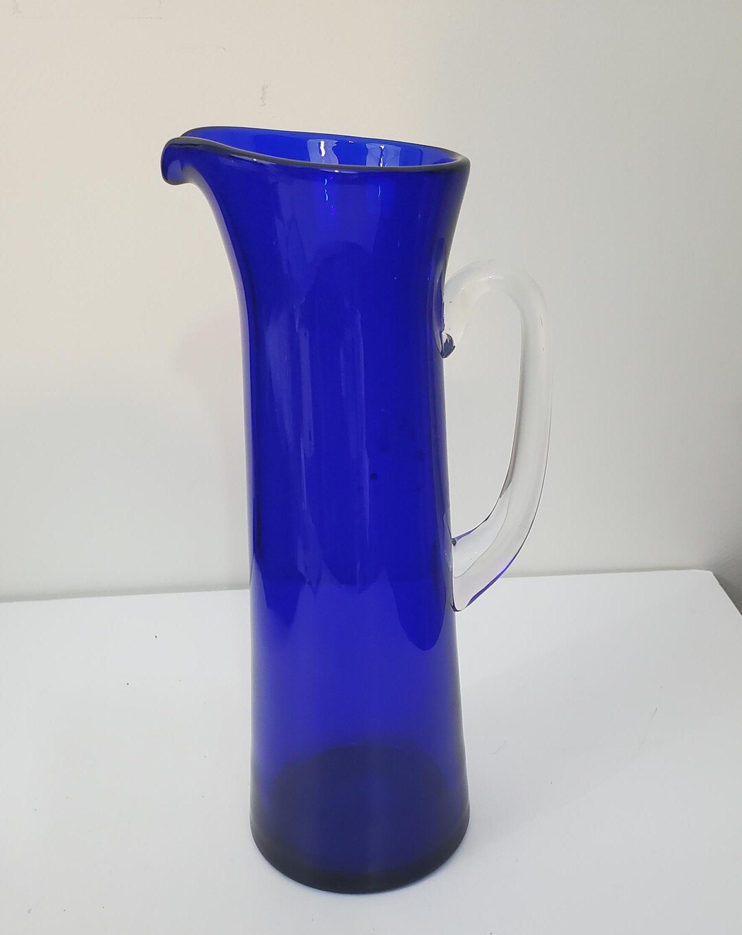 Tall 11.25 Inch Hand Blown Cobalt Blue Pitcher With Clear Glass Handle ...