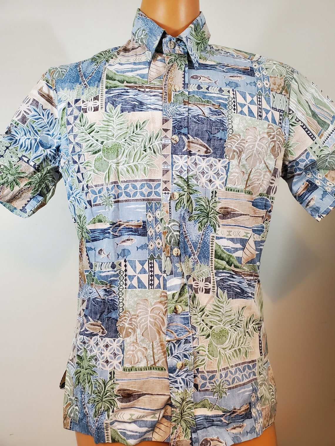 Mens Vintage RJC Hawaiian Aloha Shirt Blue Island Floral Tropical Size ...