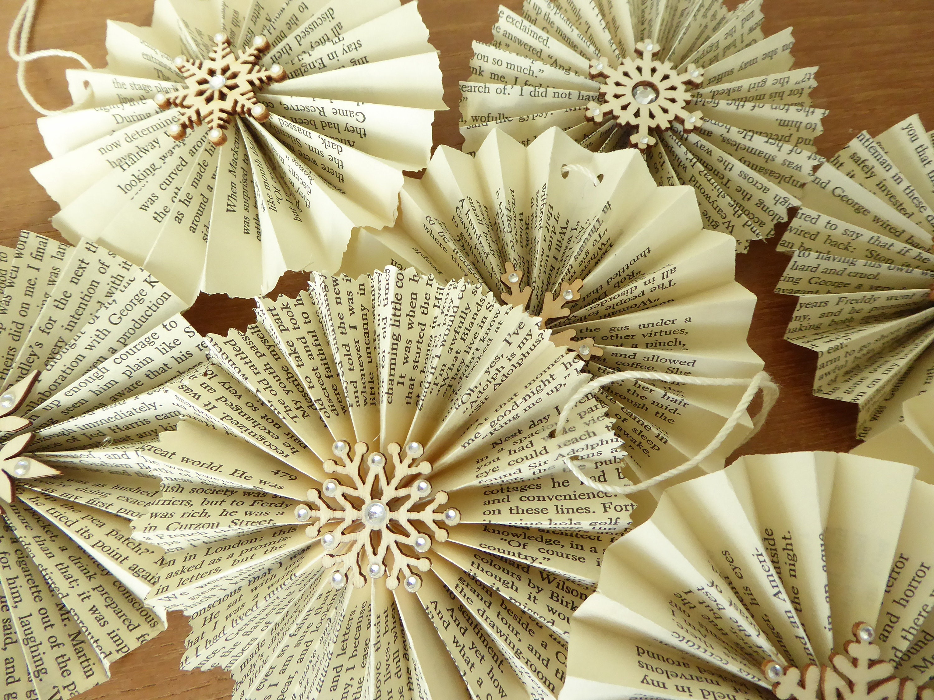 Seven Handmade Vintage Dictionary Paper Ornaments With Wood Snowflakes ...