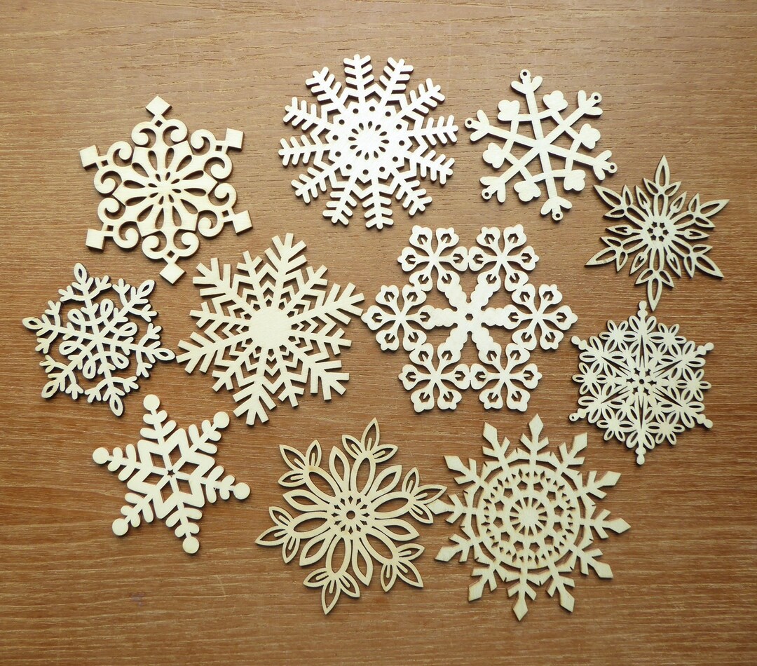 Set of Eleven 3 1/8 to 4 1/4 Inch Laser Cut Wood Snowflakes in Various ...
