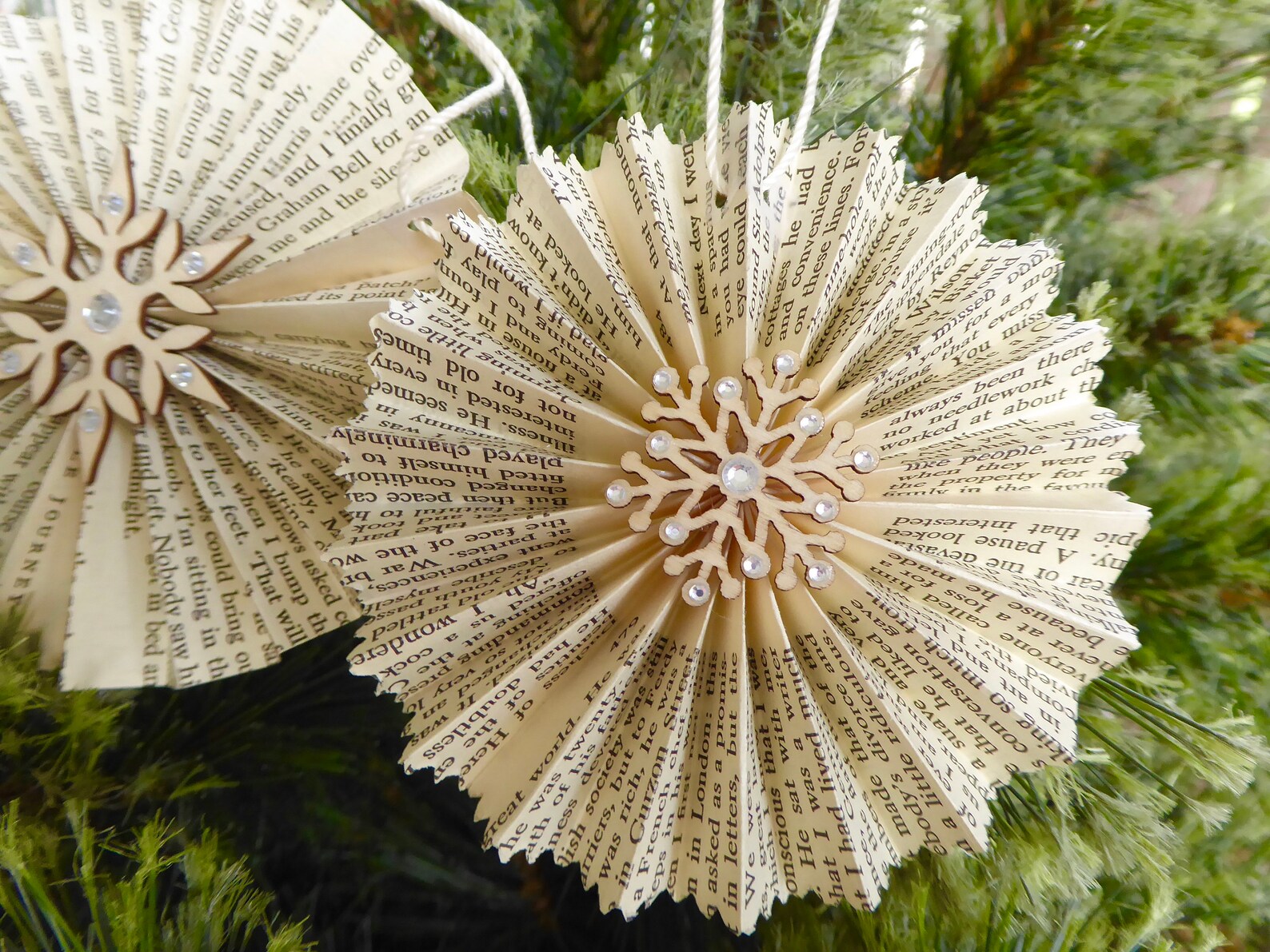 Seven Handmade Vintage Dictionary Paper Ornaments With Wood Snowflakes ...