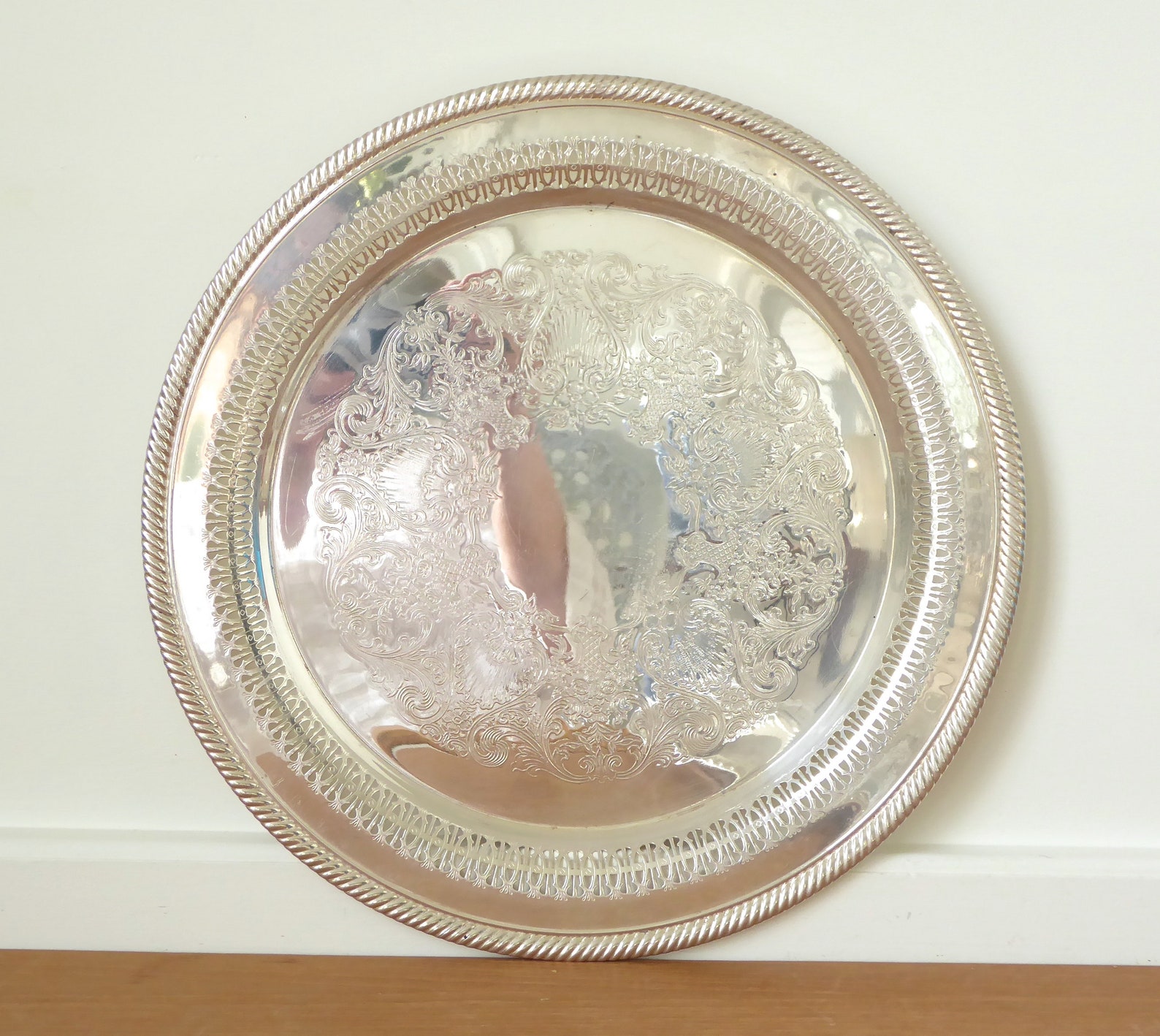 Set of THREE 12 to 14 Inch Large Round Silver Plate Trays by | Etsy