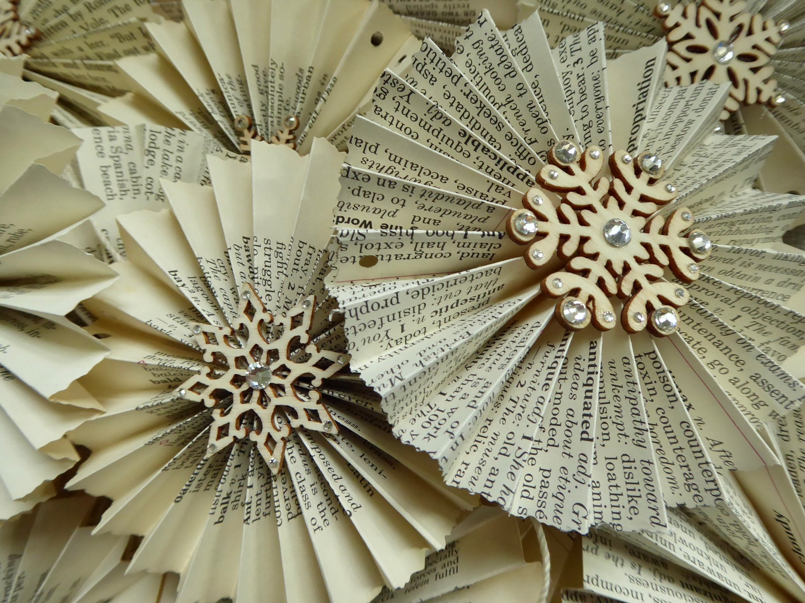 Seven Handmade Vintage Dictionary Paper Ornaments With Wood Snowflakes ...
