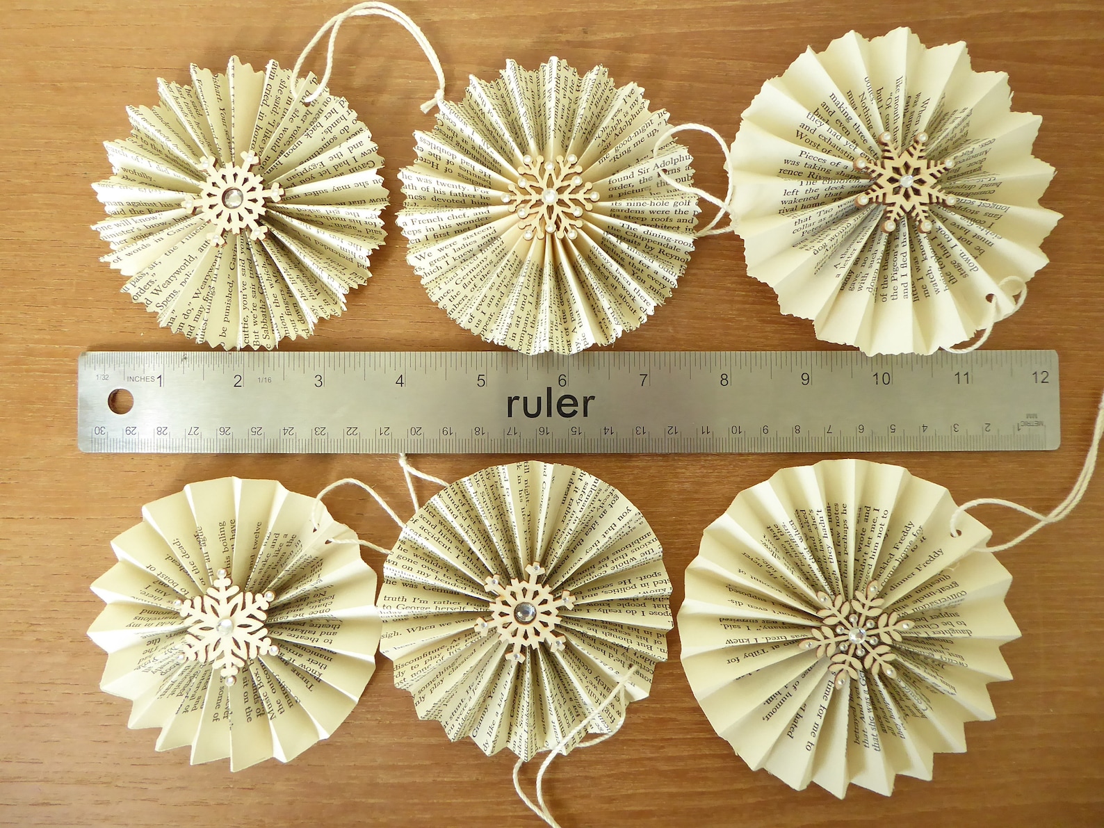 Seven Handmade Vintage Dictionary Paper Ornaments With Wood Snowflakes ...