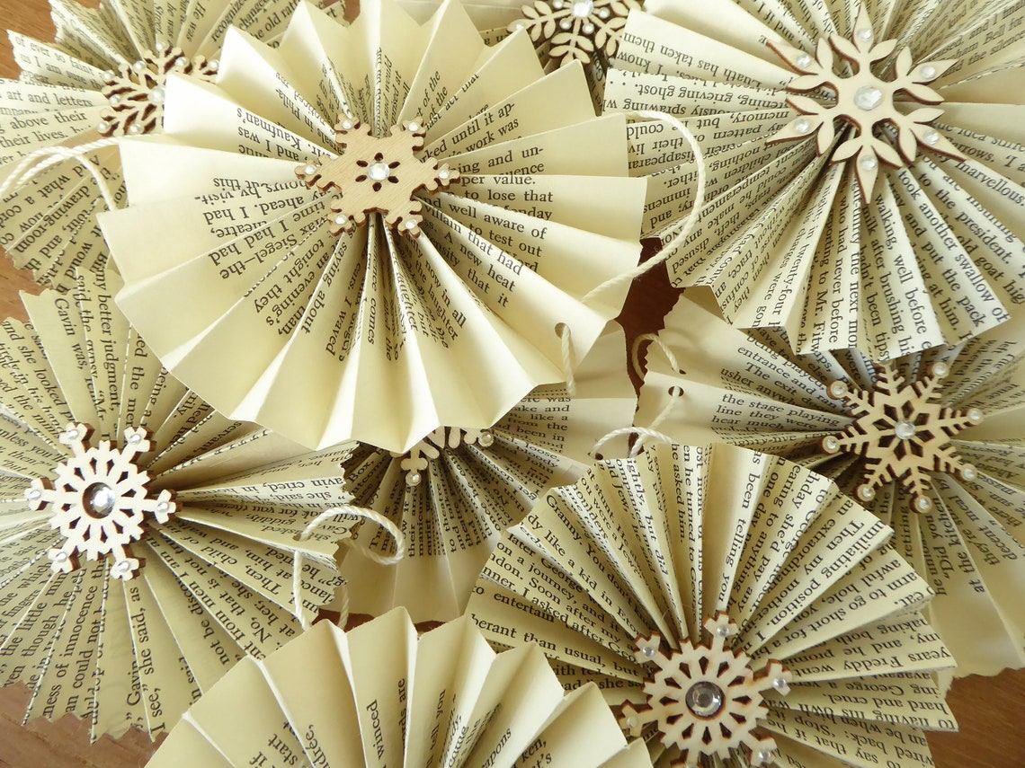 Nine Handmade Vintage Book Paper Ornaments With Wood - Etsy