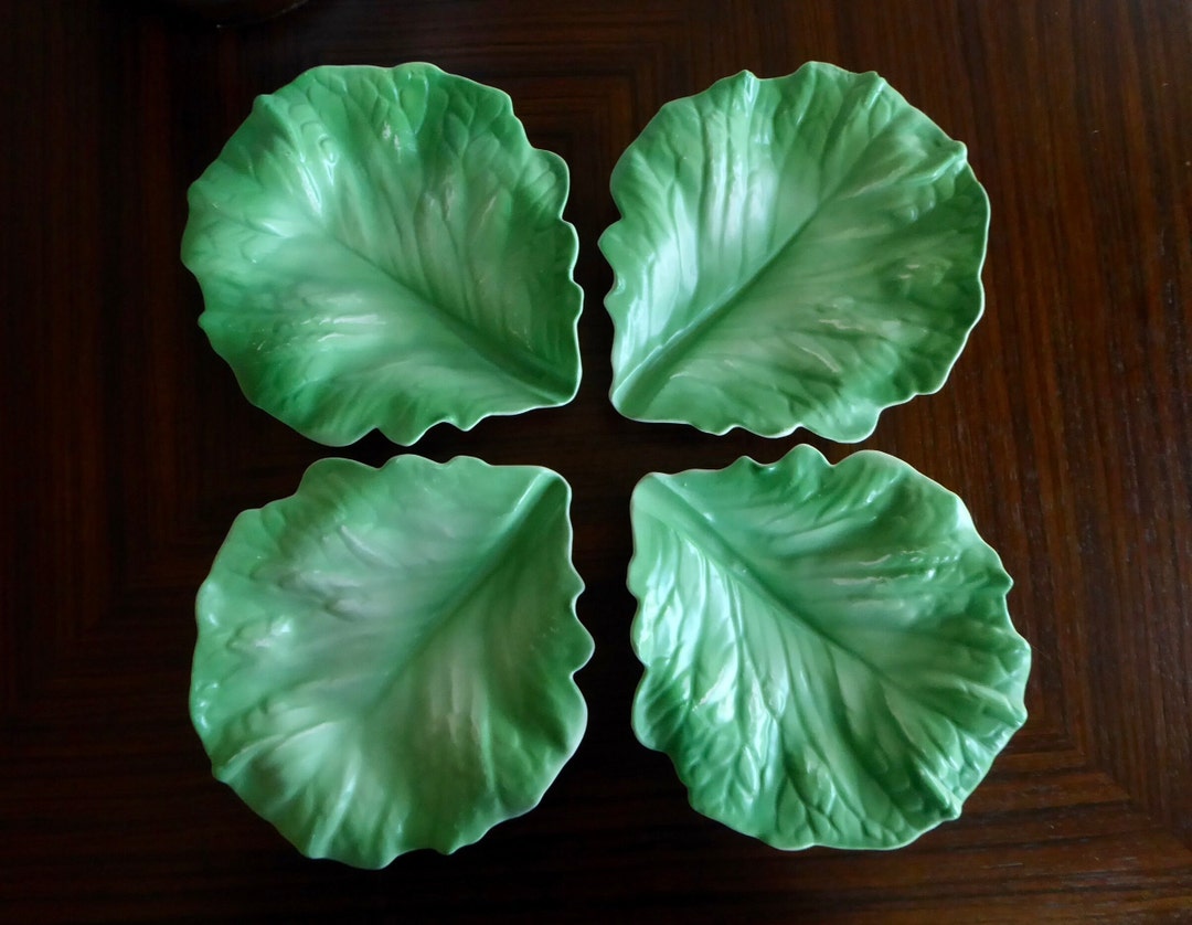 Two Vintage Czech Green Ceramic Lettuce or Cabbage Leaf Serving Dishes ...