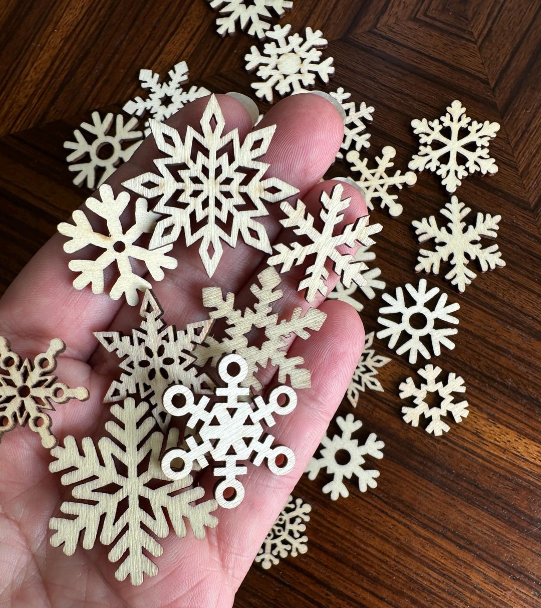 Set of 33 Mixed Size and Pattern Unfinished Wood Snowflakes in Three ...