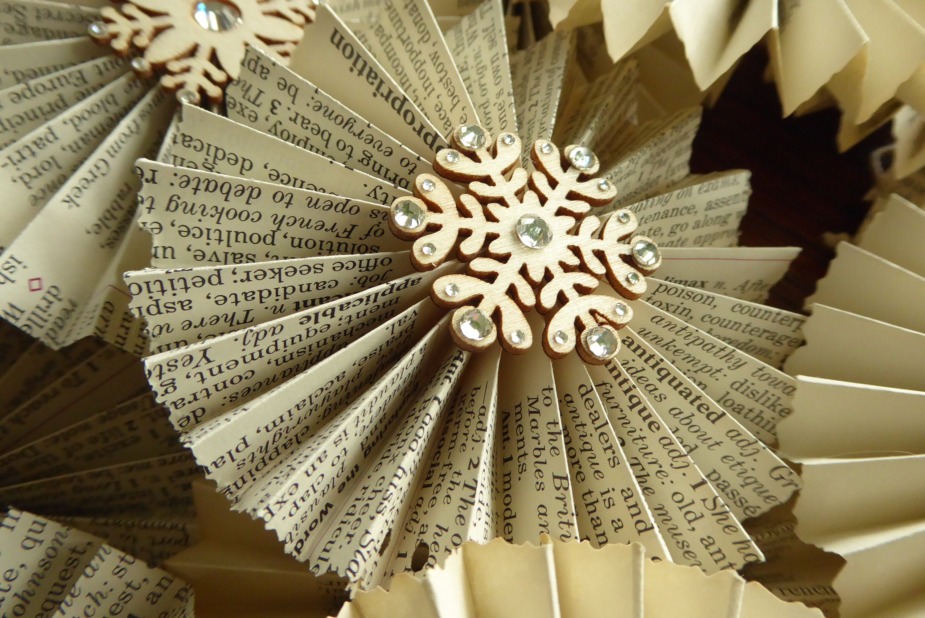 Seven Handmade Vintage Dictionary Paper Ornaments With Wood Snowflakes ...
