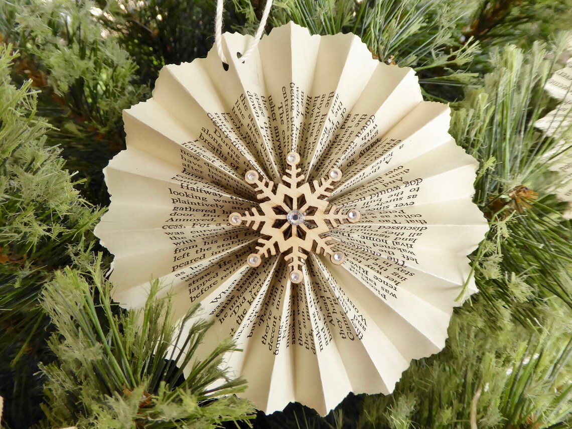 Seven Handmade Vintage Dictionary Paper Ornaments With Wood Snowflakes ...