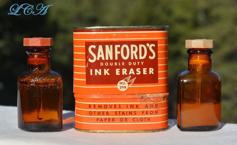 Sanfords INK Eraser - 2 Old Amber Glass Ink BOTTLES in Colorful TIN ...