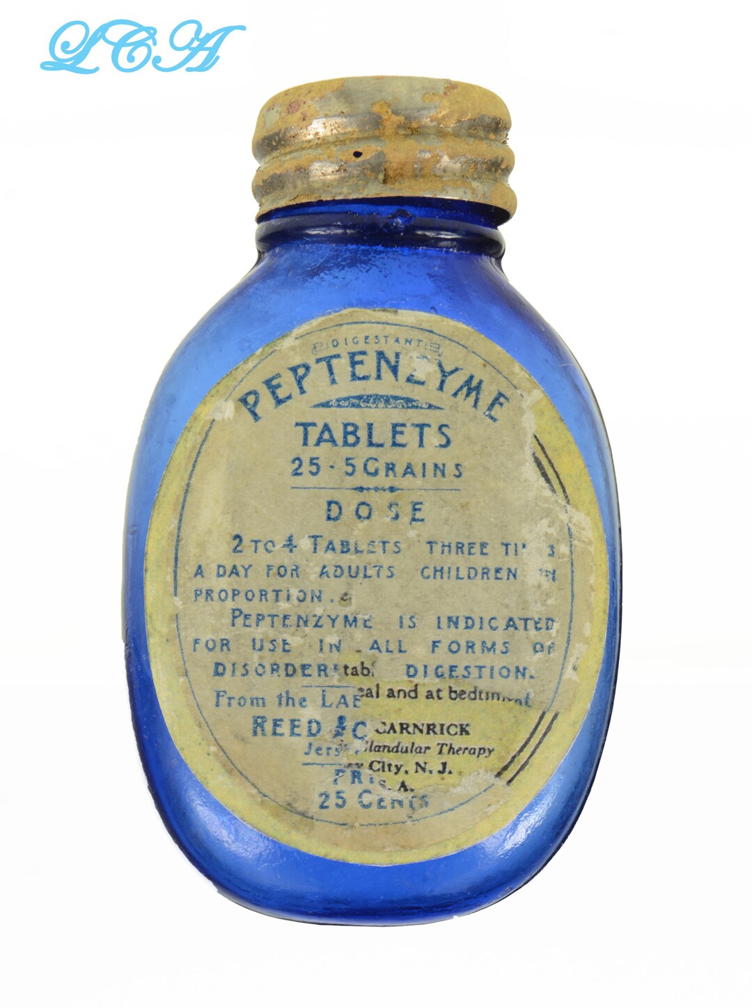 Tiny Antique COBALT BLUE Pill Bottle PEPTENZYME Digestive Tablets ...