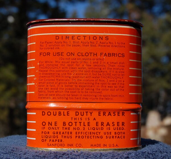 Sanfords INK Eraser - 2 Old Amber Glass Ink BOTTLES in Colorful TIN ...