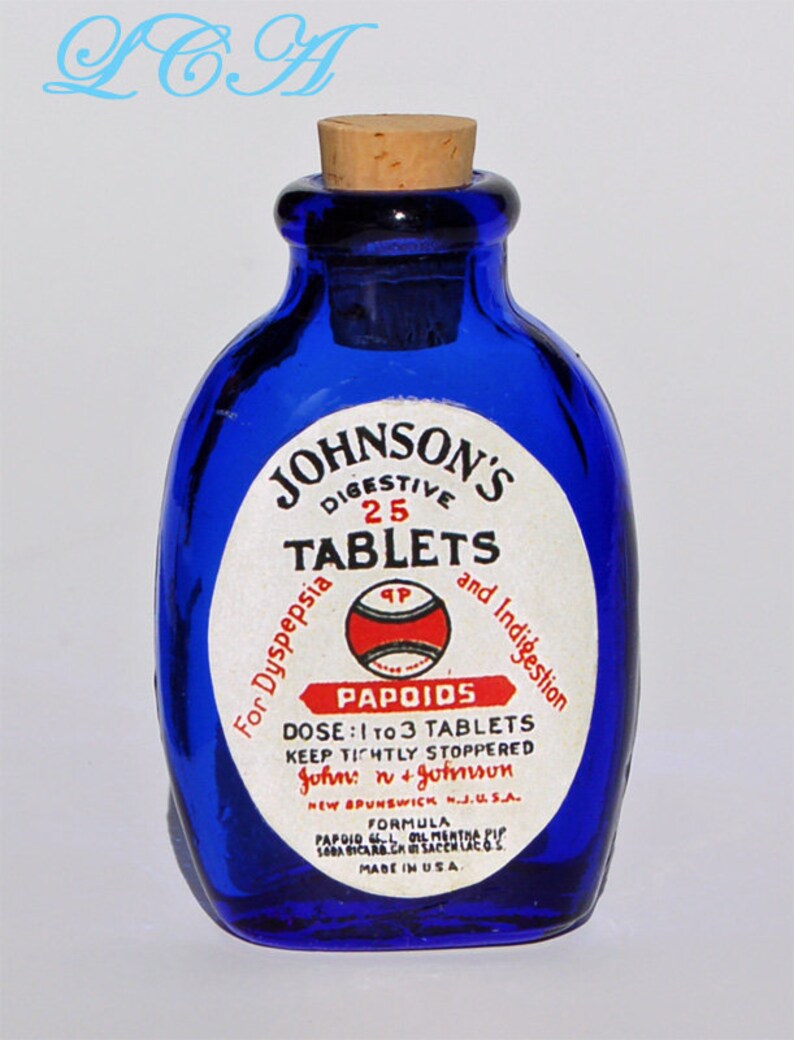 Tiny Antique COBALT BLUE Pill Bottle JOHNSON Digestive Tablets Qp ...