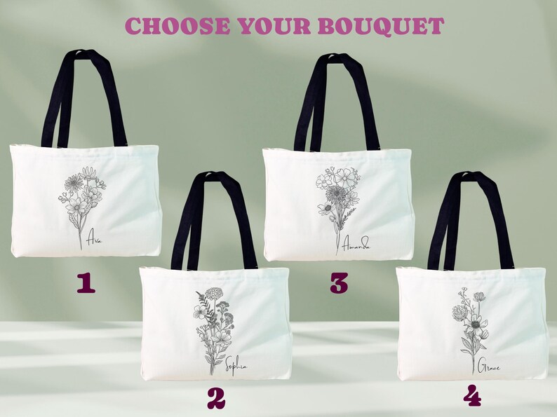 Bridesmaid Floral Tote Bag Personalized, Flower Bouquet Design, Custom ...