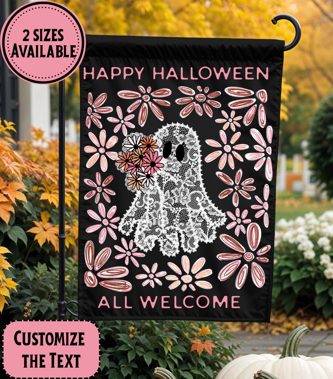 Custom Pink Floral Ghost Halloween Garden Flag, Personalized Spooky ...