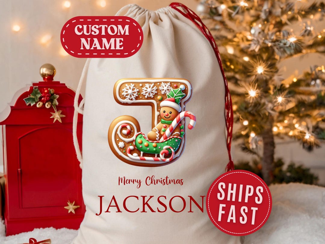 Gingerbread Initial Santa Bag, Custom Gingerbread Initial Name Santa ...