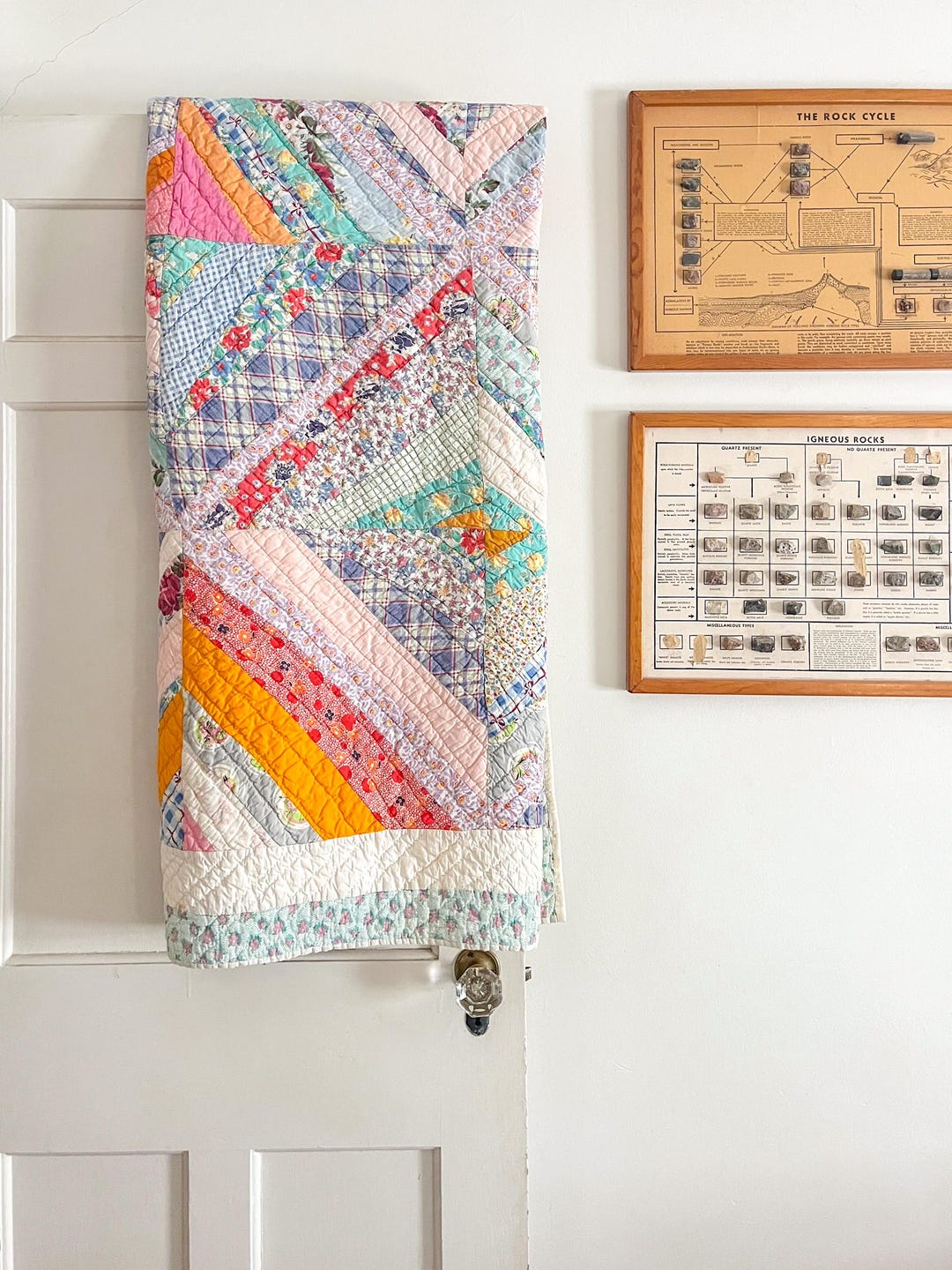 Vintage Quilt, Colorful String Quilt, Multicolor Quilt With Feed Sack ...