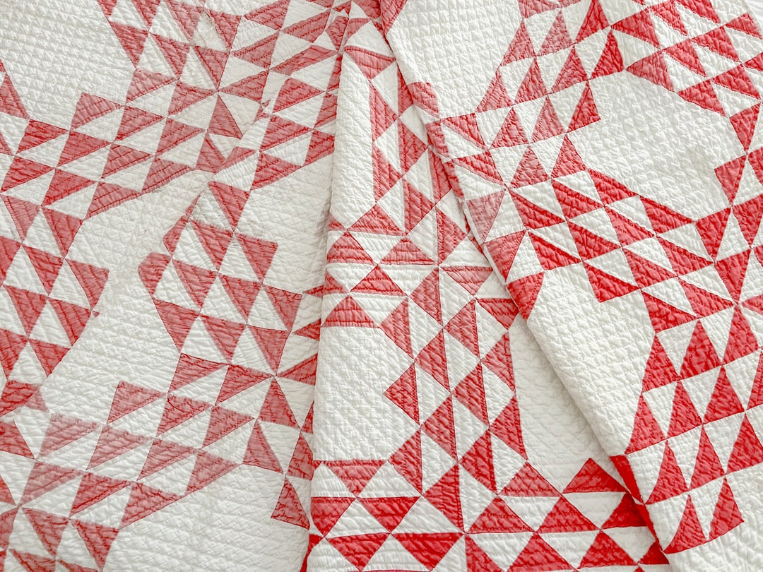 Antique Quilt, Beautiful Antique Ocean Waves Quilt, Vintage Red & White ...
