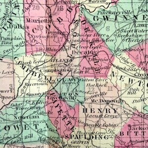 Antique Map of Alabama and Georgia, 1863 Johnsons Family Atlas, Genuine ...