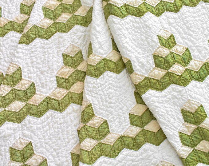 Antique Quilt, 1800s Cube Work Pattern Quilt, Green Calico and Tan ...