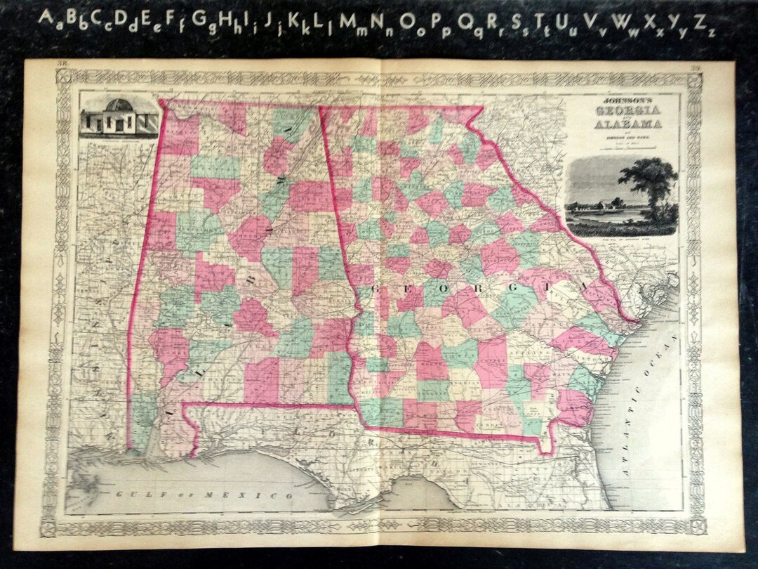 Antique Map of Alabama and Georgia, 1863 Johnsons Family Atlas, Genuine ...