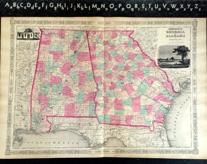 Antique Map of Alabama and Georgia, 1863 Johnsons Family Atlas, Genuine ...